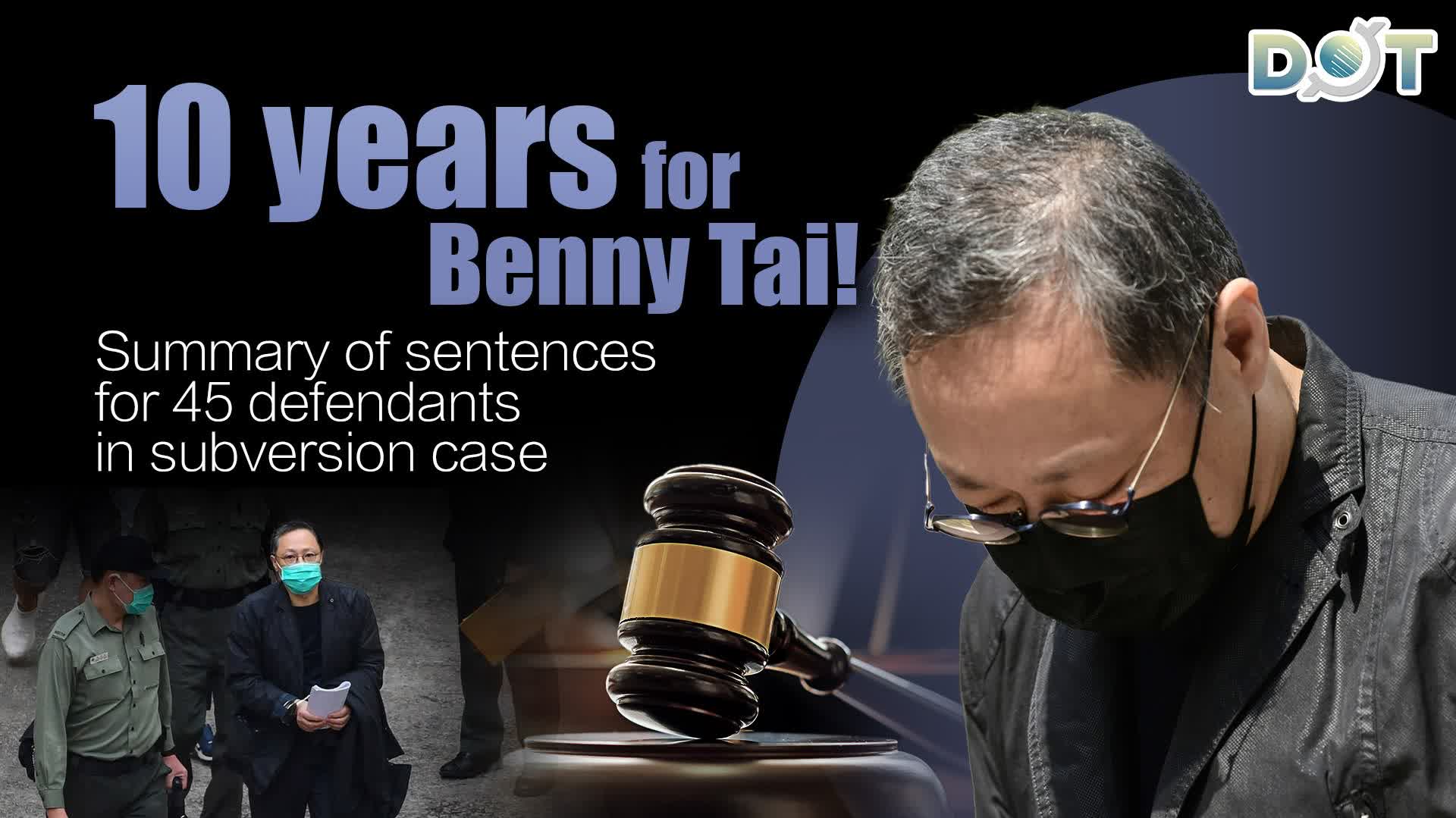 10 years for Benny Tai! Summary of sentences for 45 defendants in ...